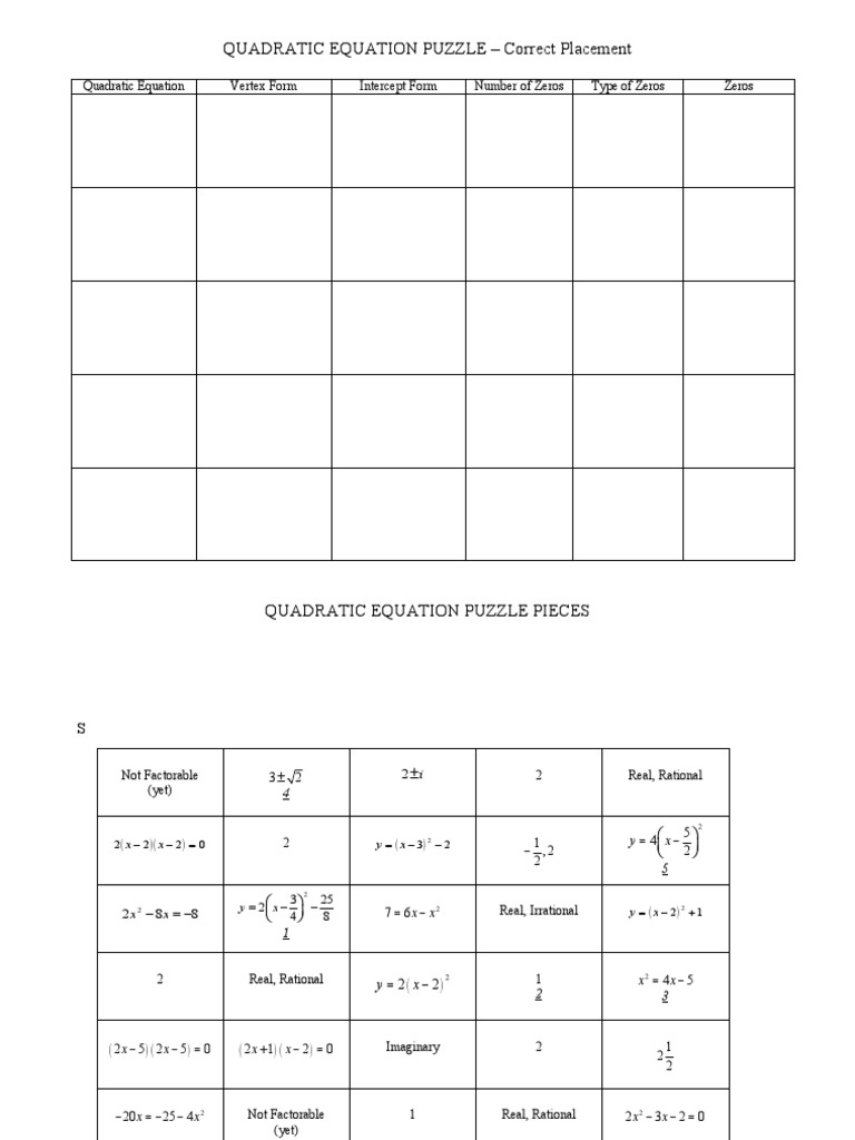QUADRATIC EQUATION PUZZLE - Correct Placement | PDF | Quadratic ...