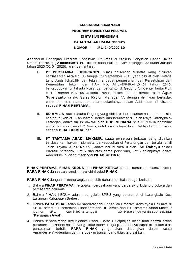 Draft Addendum Perjanjian Program Konsinyasi Pelumas PT Tamtama | PDF