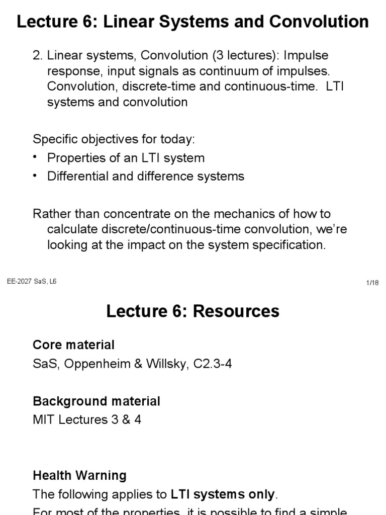 Lecture 6: Linear Systems and Convolution: Ee-2027 Sas, L6 1/18 | PDF ...