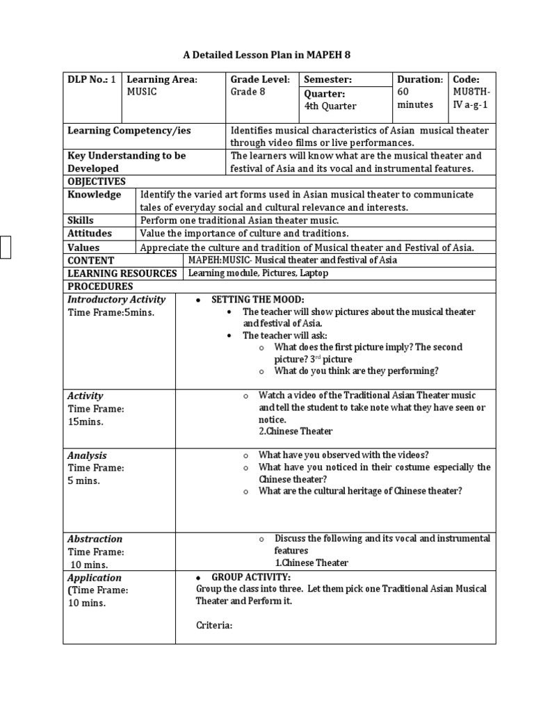 A Detailed Lesson Plan in MAPEH 8 DLP No.: 1 Learning Area: Grade Level: Semester: Duration ...