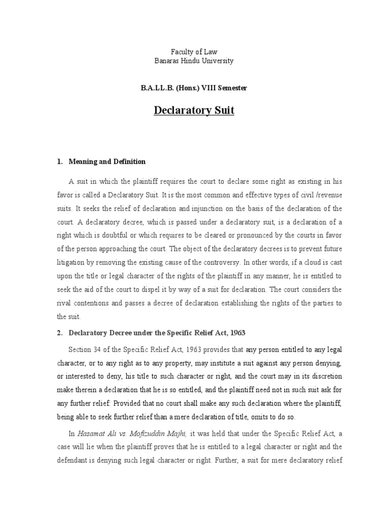 Declaratory Suit: B.A.LL.B. (Hons.) VIII Semester | PDF | Declaratory ...