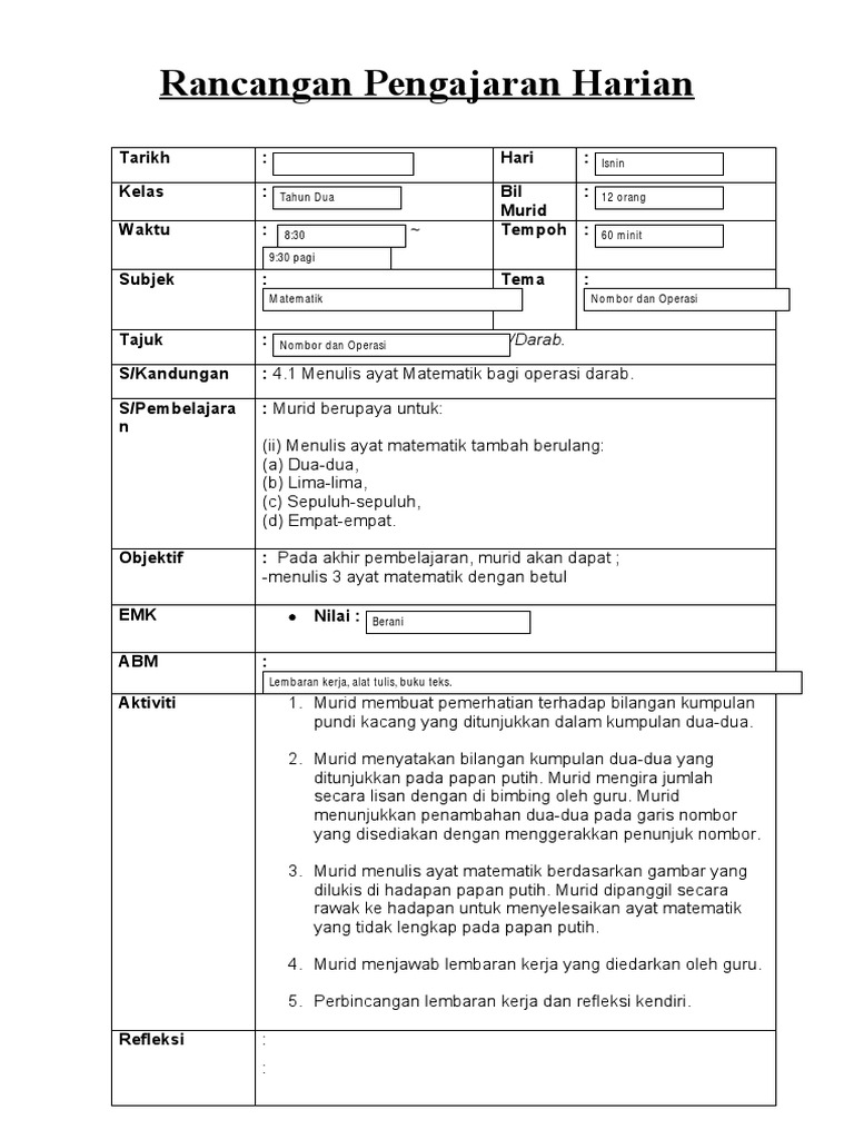 Contoh RPH MT Tahun 2 | PDF