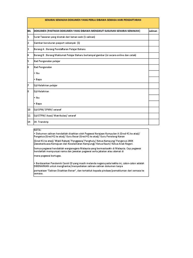 Senarai Semakan Dokumen Yang Perlu Dibawa Semasa Hari Pendaftaran | PDF