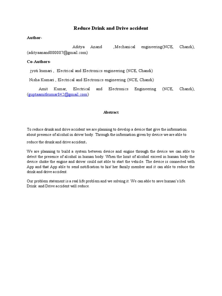 Alcohol Detection Device for Vehicles | PDF | Technology & Engineering