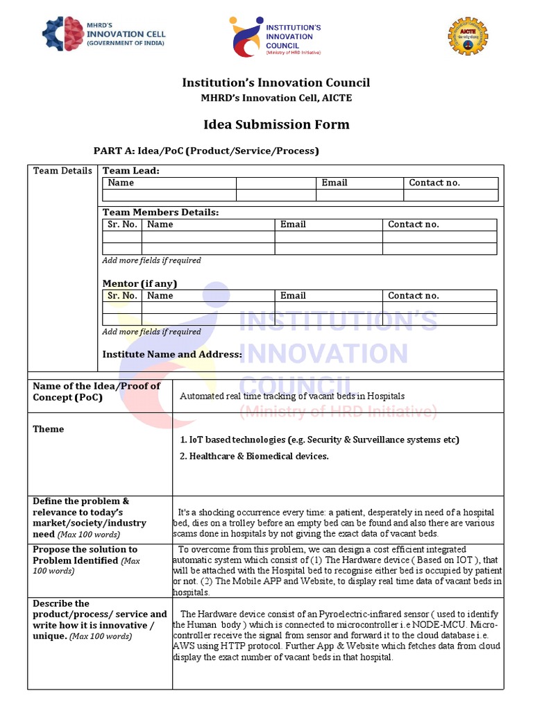 Idea Submission Form: Institution's Innovation Council | PDF | Internet ...