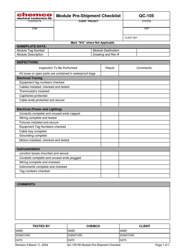 QC-105 R0 Module Pre-Shipment Checklist