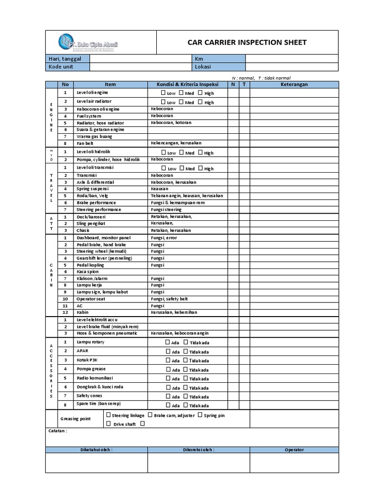 Inspection Sheet - Car Carrier | PDF