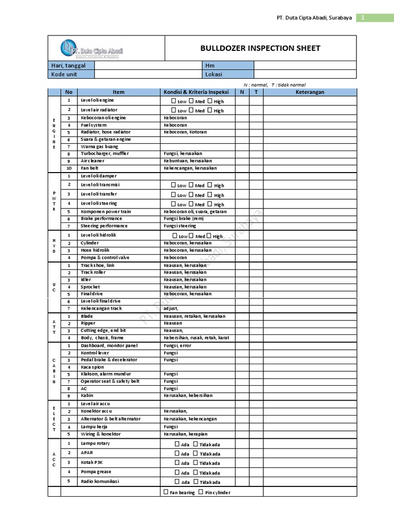 Inspection Sheet - Bulldozer | PDF | Teknologi & Rekayasa
