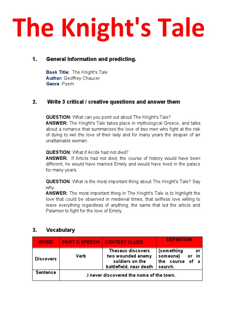 The Knight's Tale: 1. General Information and Predicting | PDF ...