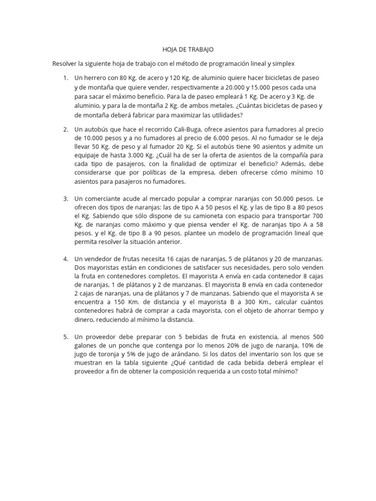 HOJA DE TRABAJO PL y Simplex | PDF | Programación lineal | Business