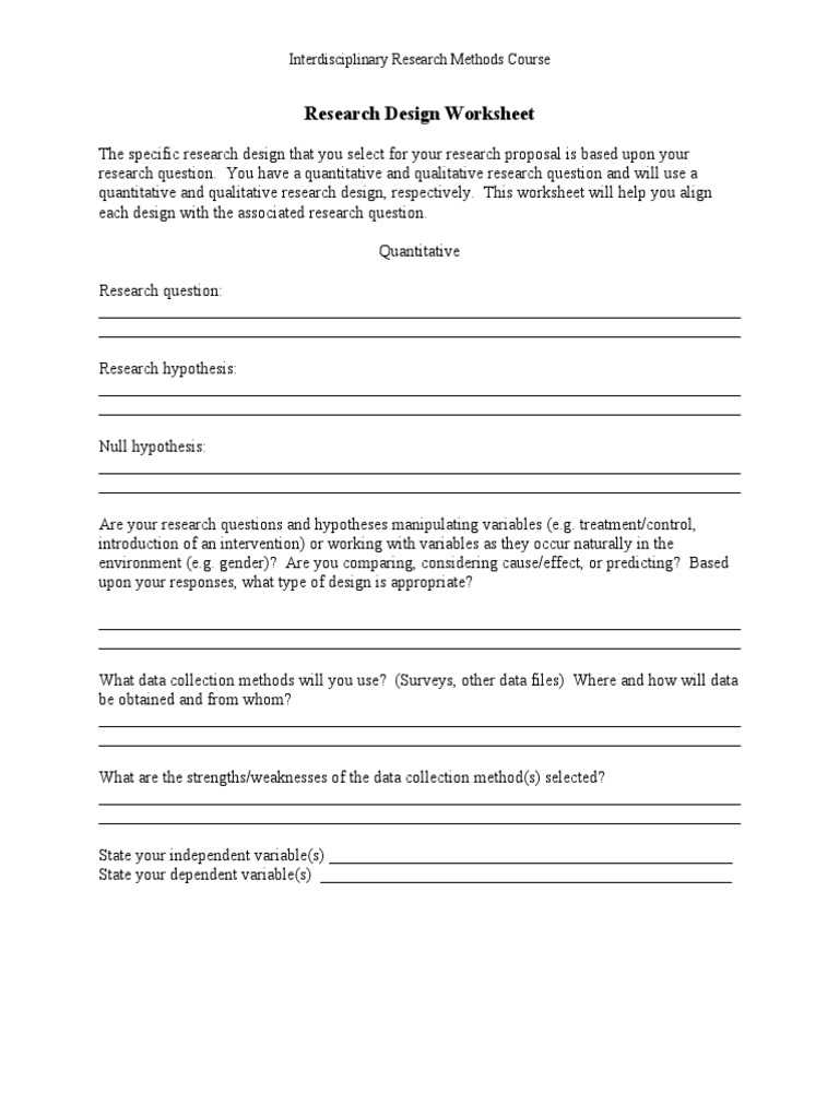 Research Design Worksheet: Interdisciplinary Research Methods Course ...