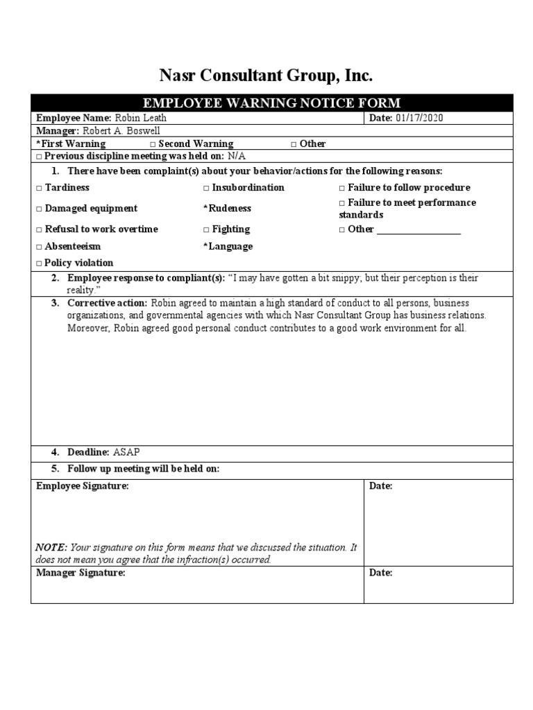 Nasr Consultant Group, Inc.: Employee Warning Notice Form | PDF