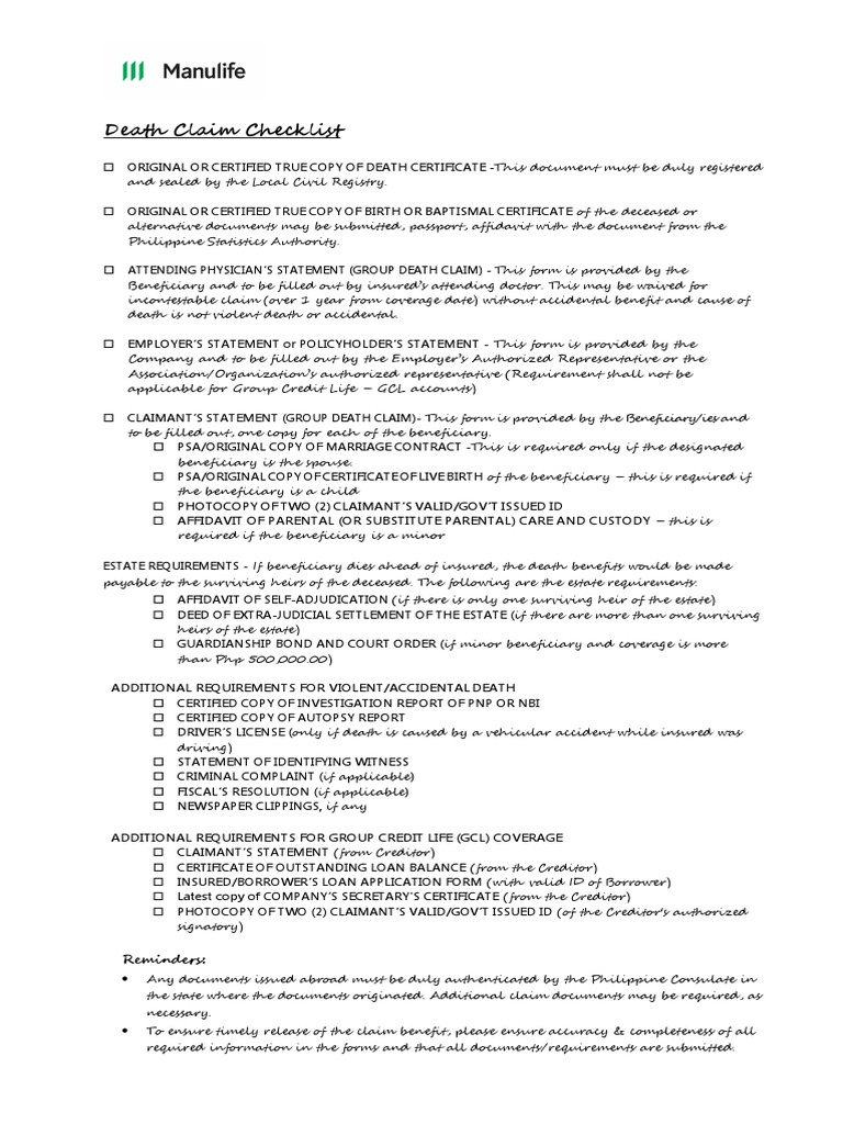 Group Death Claim Checklist | PDF | Insurance | Private Law