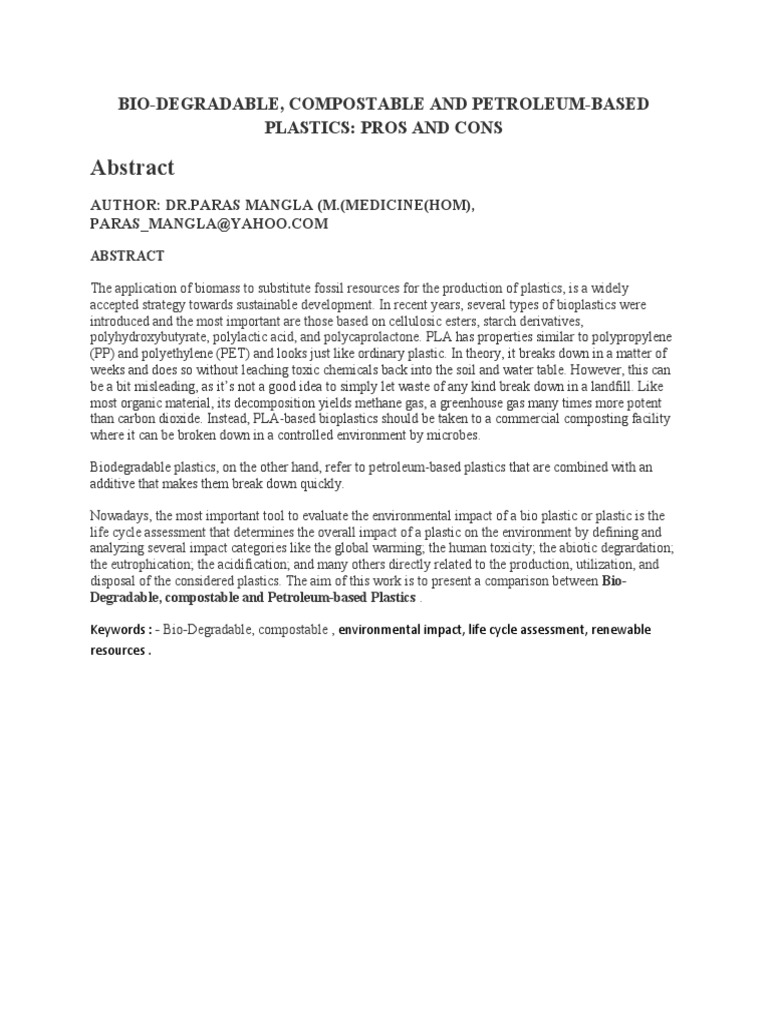ABSTRACT - Biodegradable Compostable and Fossil Base Plastics | PDF ...