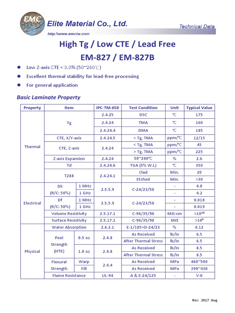 High TG / Low CTE / Lead Free EM-827 / EM-827B: Basic Laminate Property ...