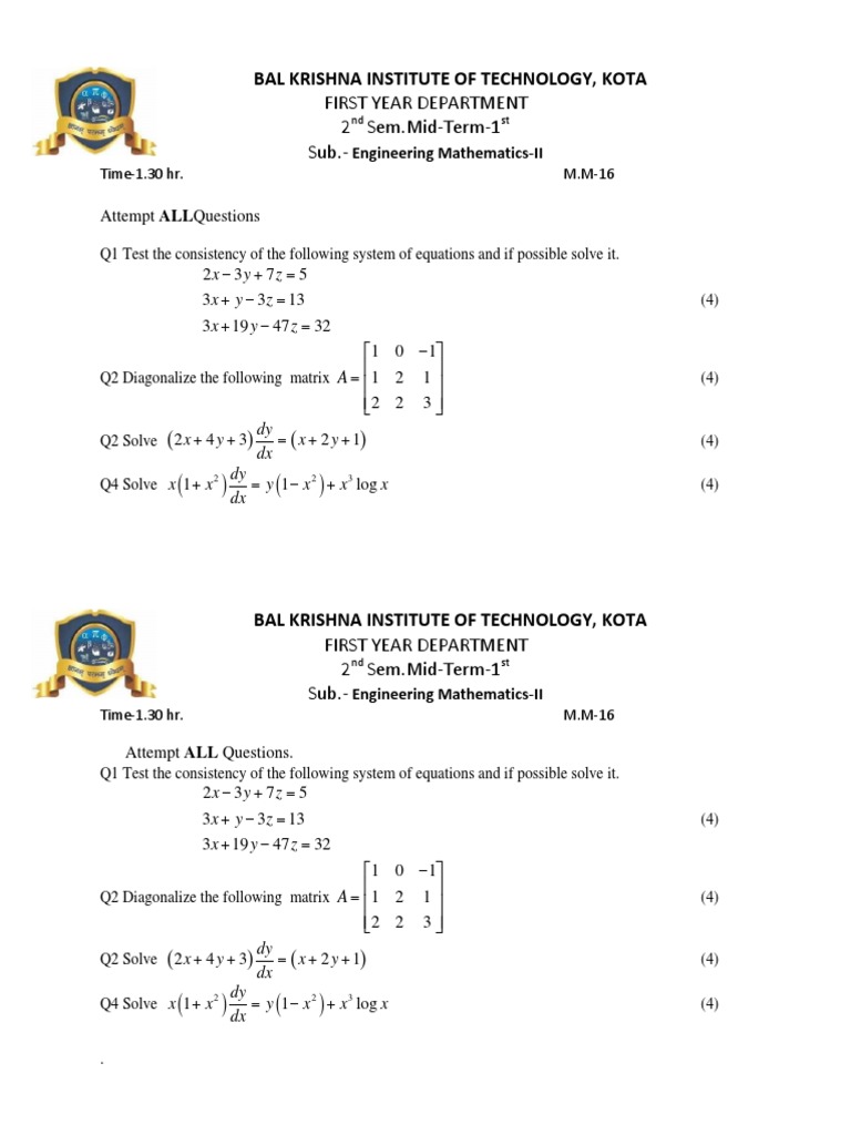 Engineering Mathematics II Mid-Term Exam | PDF | Mathematical Analysis ...