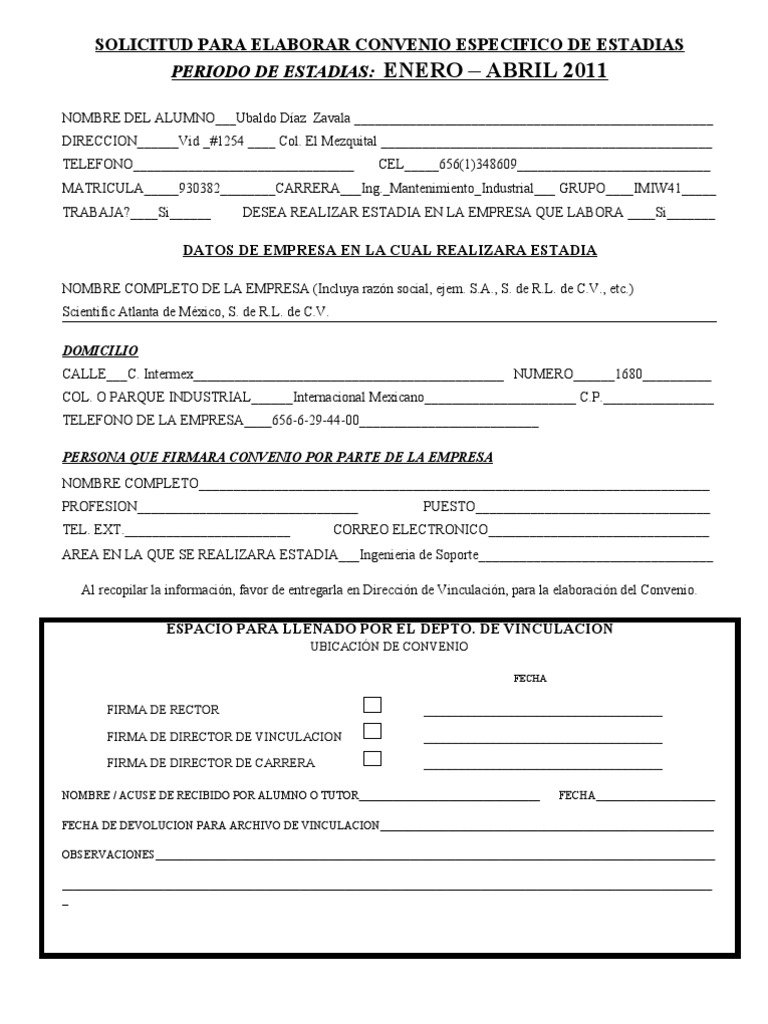 Formato - Solicitud para Elaborar Convenio Especifico de Estadias | PDF