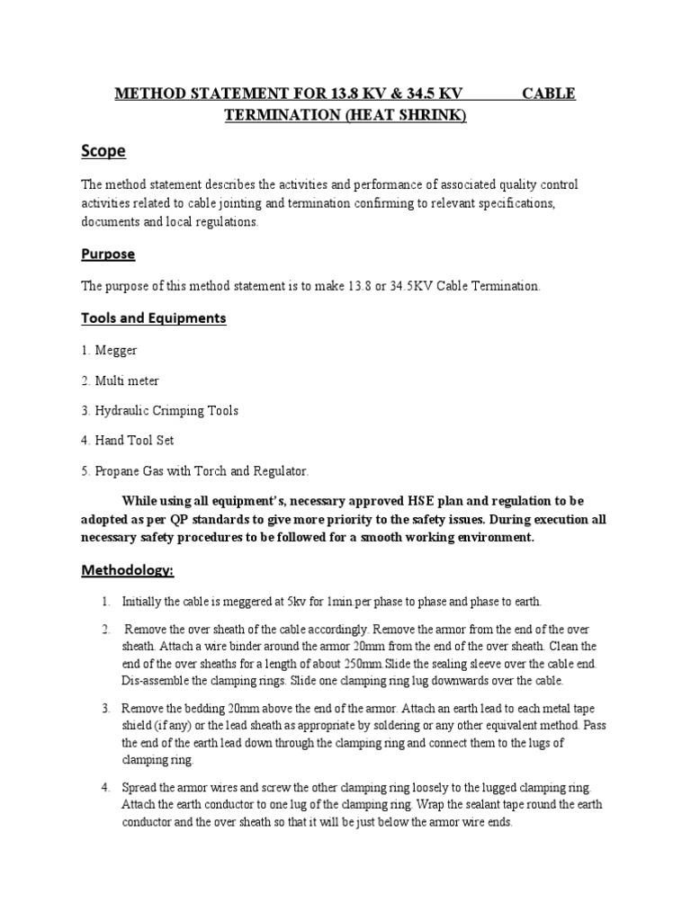 Method of Statement For Cable Termination | PDF | Wire | Insulator (Electricity)