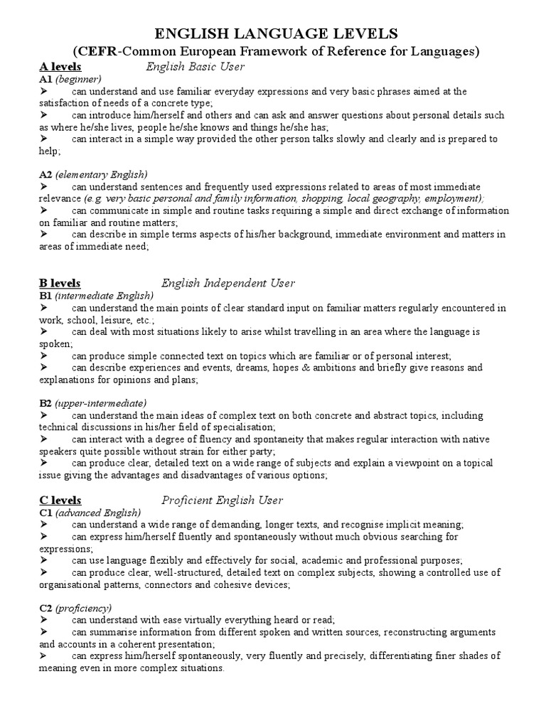 English Language Levels: (CEFR-Common European Framework of Reference ...
