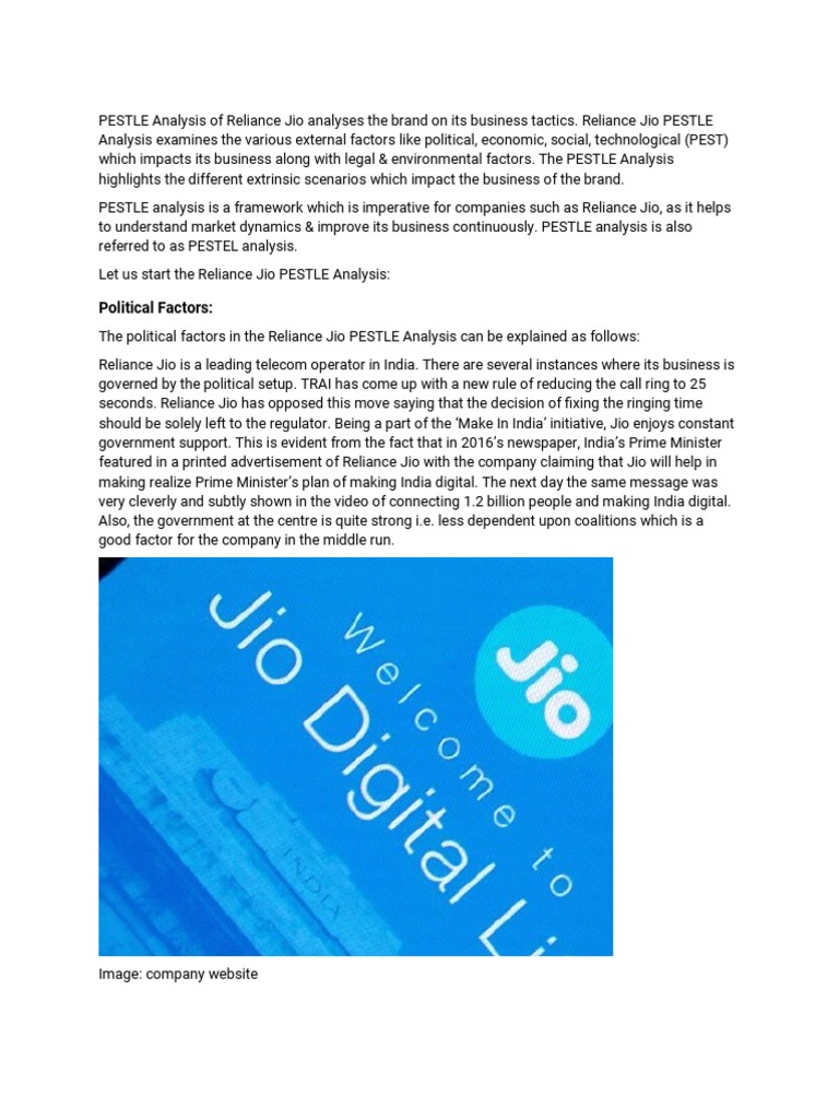 PESTLE Analysis of Reliance Jio | PDF | Telecommunications | Communication