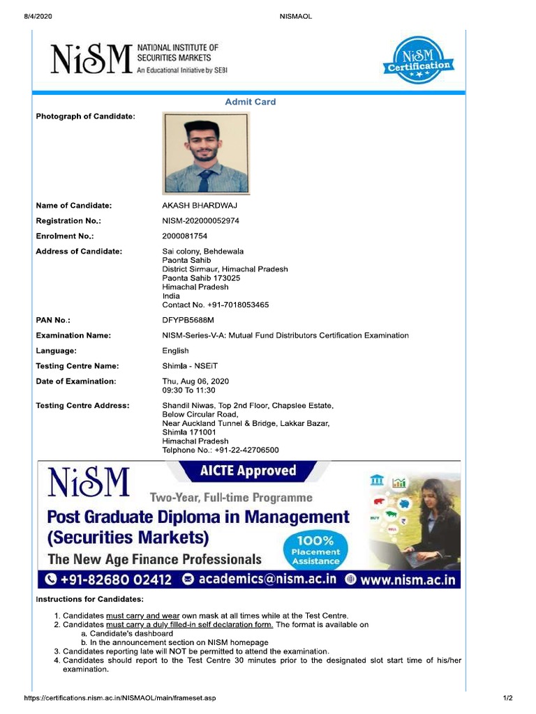 Nism Admit Card | PDF