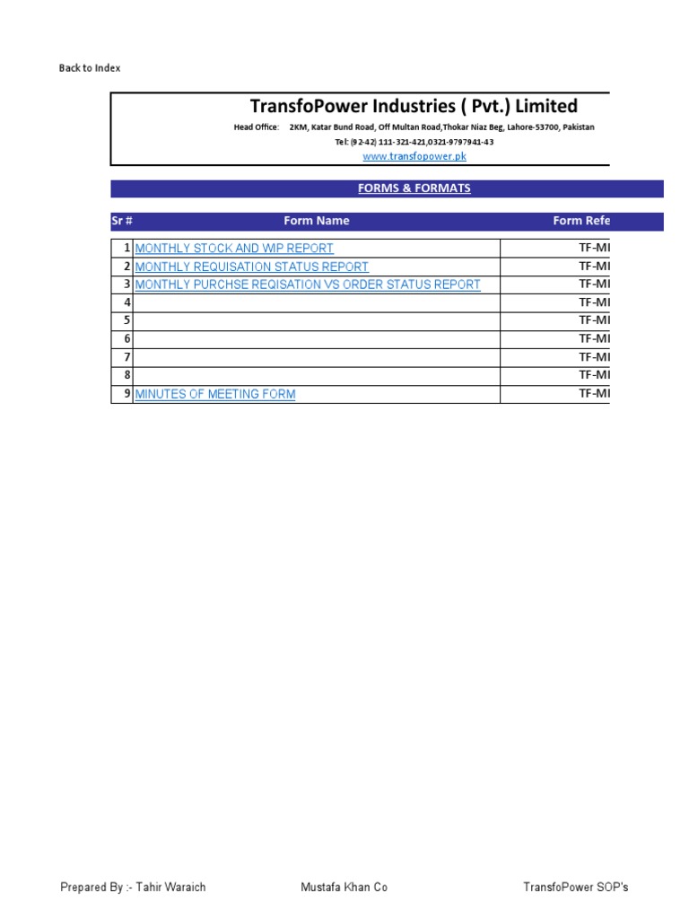 Transfopower Industries (PVT.) Limited: Forms & Formats SR# Form Name ...