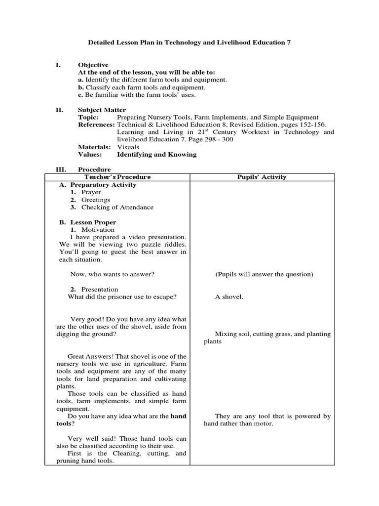 Grade 7 Lesson Plan: Farm Tools & Equipment | PDF | Agricultural ...