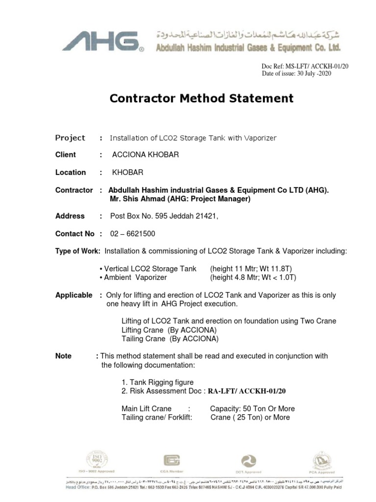 Method Statement For Lifting Cryognic Tank | PDF | Crane (Machine)