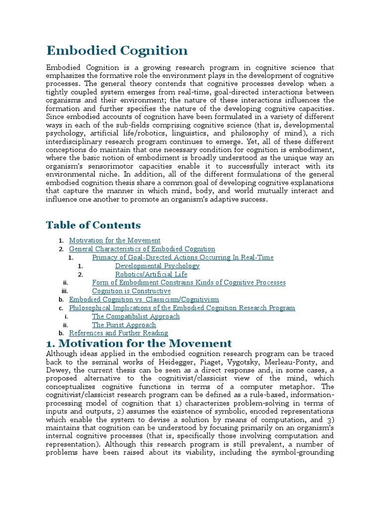 Embodied Cognition - Monica Cowart | PDF | Embodied Cognition | Theory