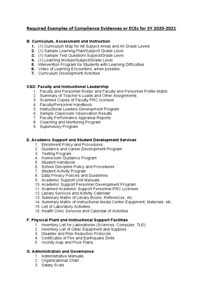 Compliance Evidence Examples for SY 2020-2021 | PDF | Laboratories ...