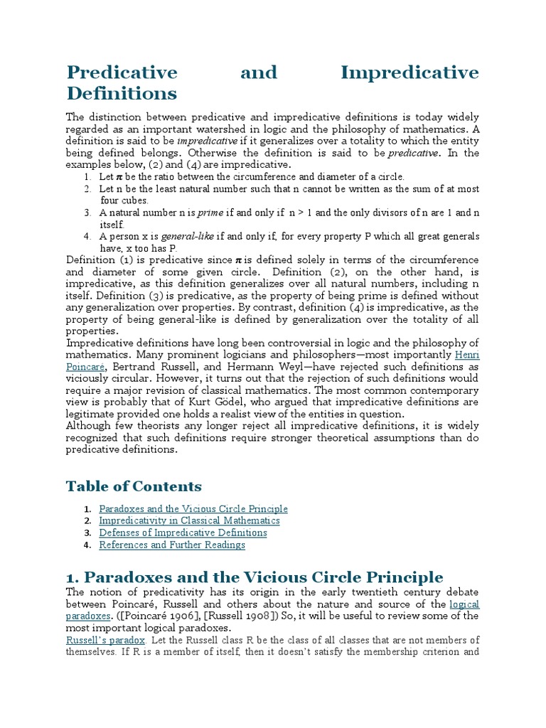 Predicative and Impredicative Definitions - Oystein Linnebo | PDF | Set ...