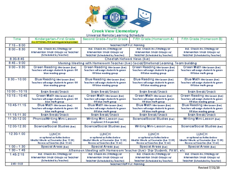 20-21 Creek View Elementary Remote Learning Schedule | PDF | Schools ...