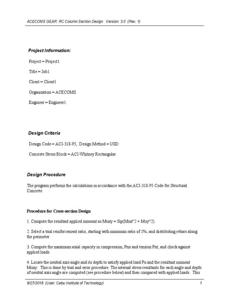 Project Information:: ACECOMS GEAR: RC Column Section Design Version: 3.0 (Rev. 1) | PDF ...