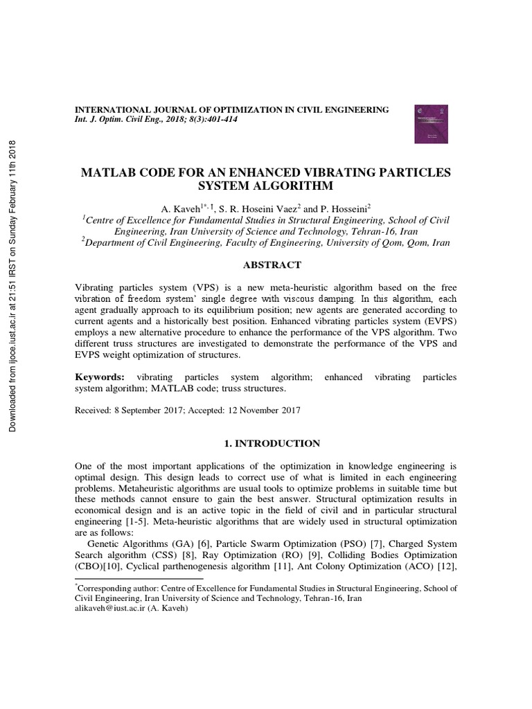 Matlab Code For An Enhanced Vibrating Particles System Algorithm Pdf Metaheuristic Applied