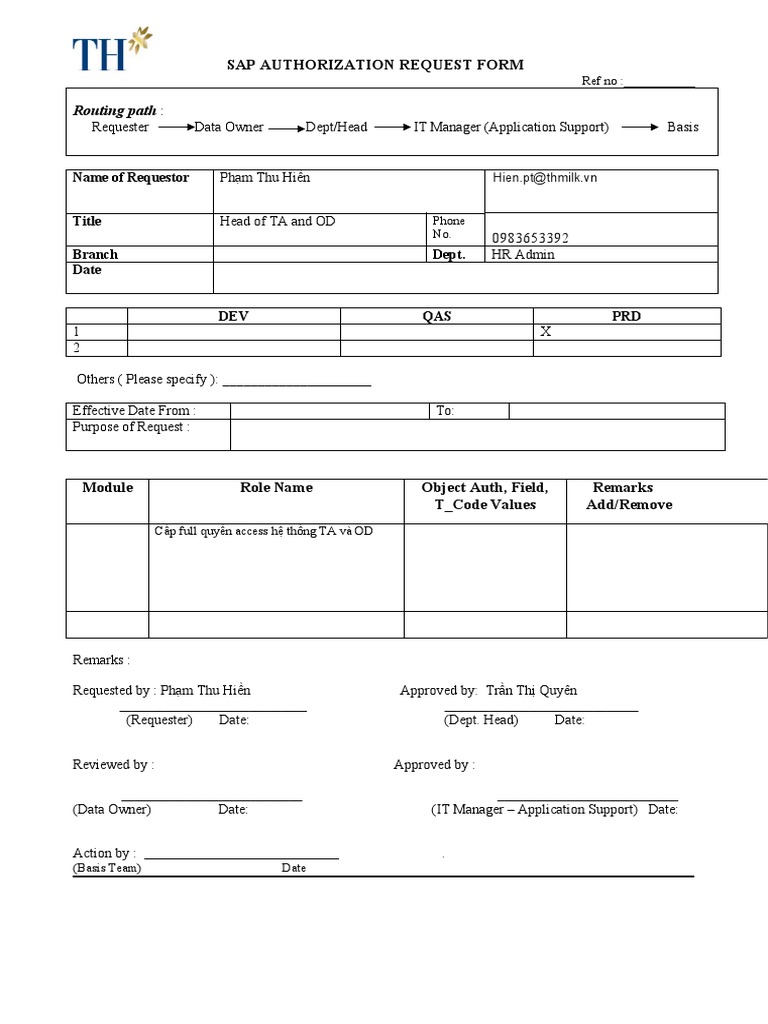 Routing Path:: Sap Authorization Request Form | PDF