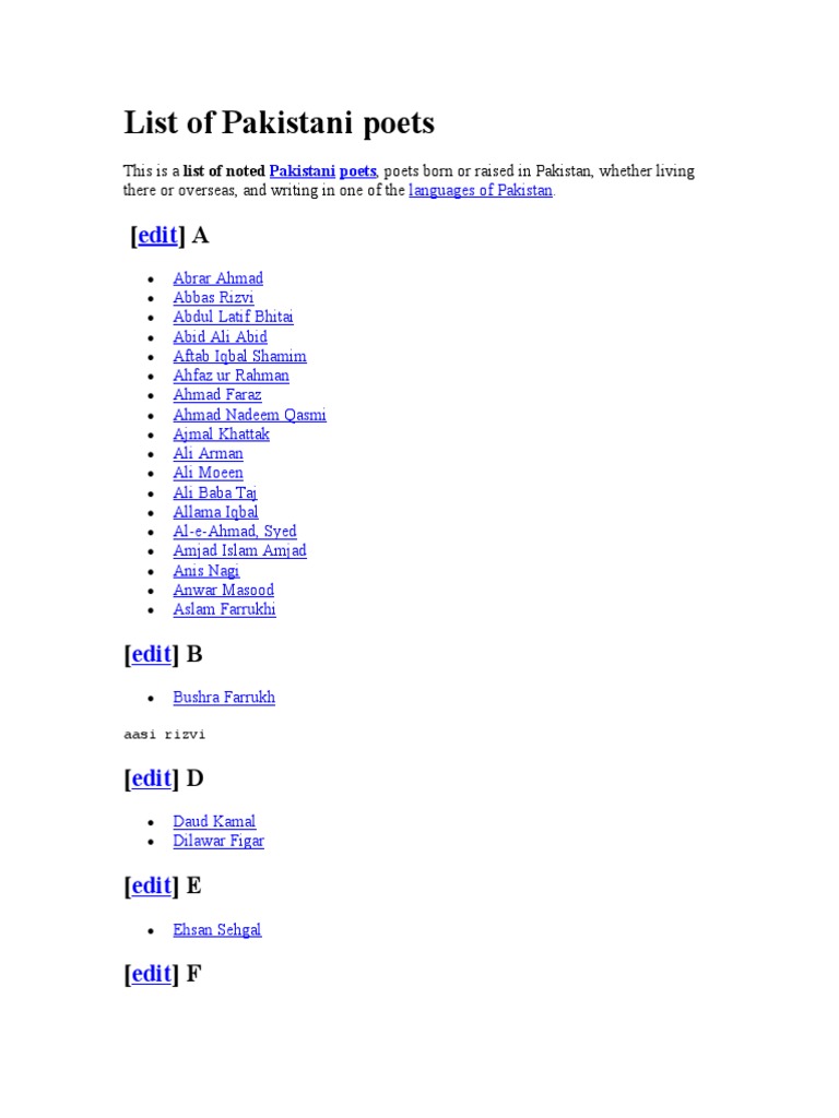 List of Pakistani Poets | PDF