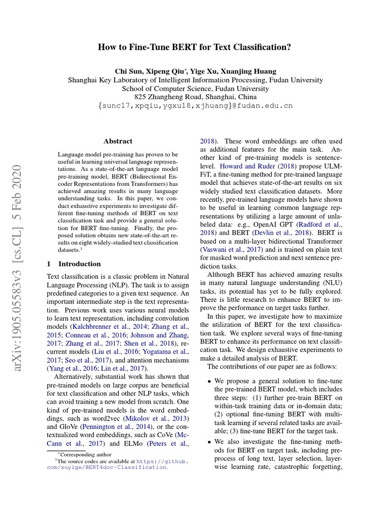 How To Fine-Tune BERT For Text Classification?: Corresponding Author The Source Codes Are ...