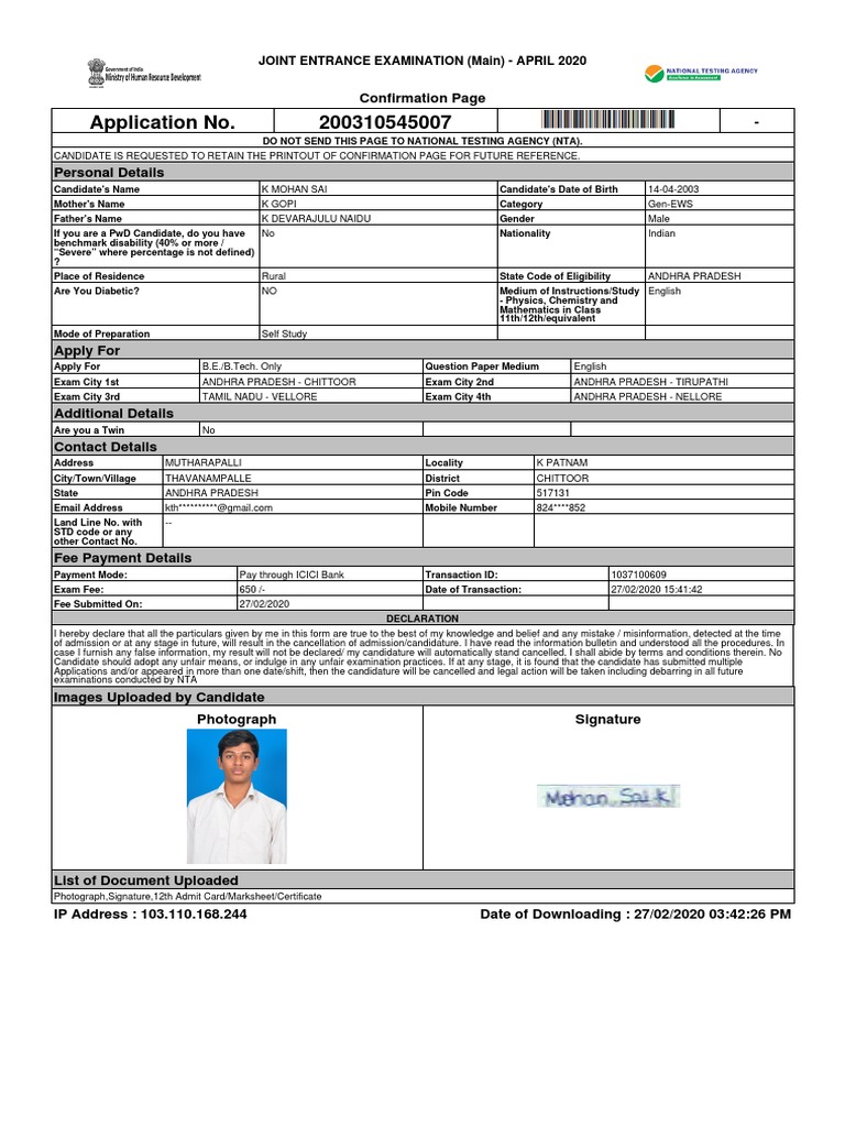 Confirmation of Registration for the Joint Entrance Examination (JEE ...