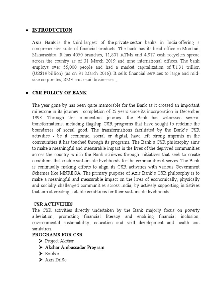 Introduction: Axis Bank Is The Third-Largest of The | PDF | Corporate ...