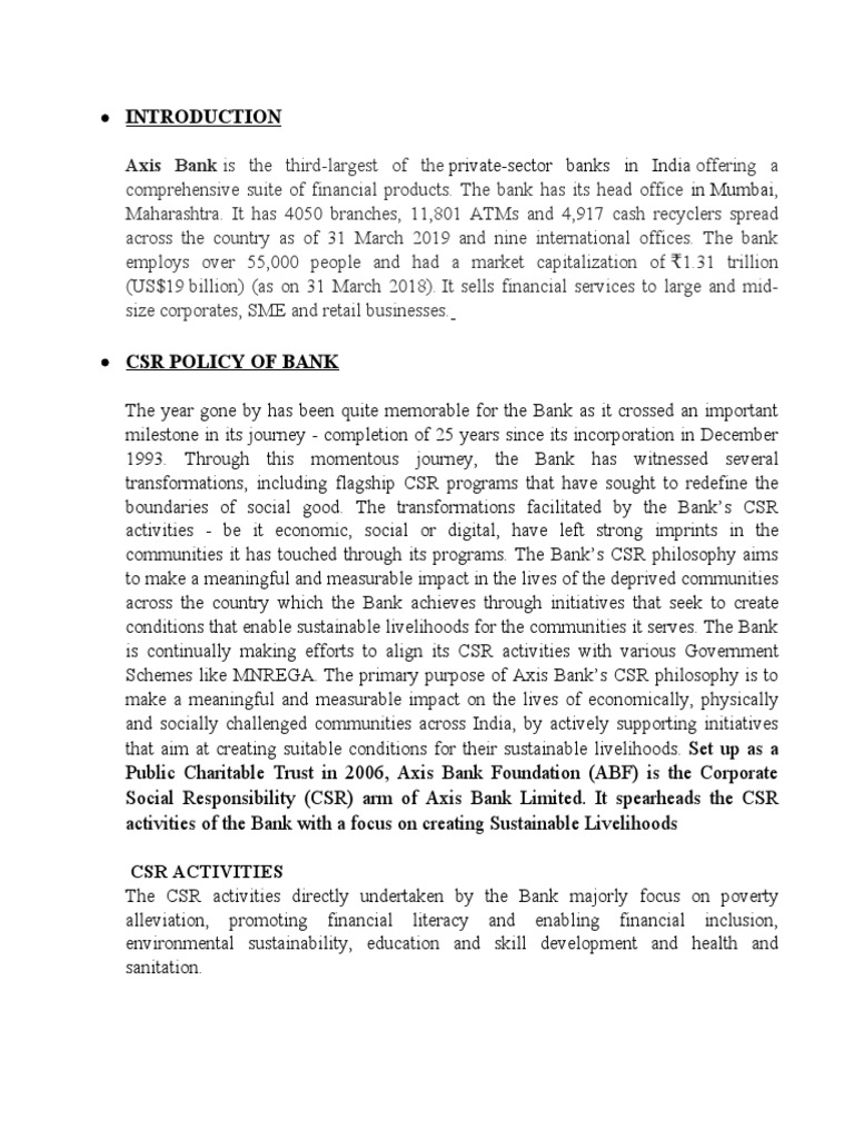 Axis Bank CSR Report | PDF | Corporate Social Responsibility ...