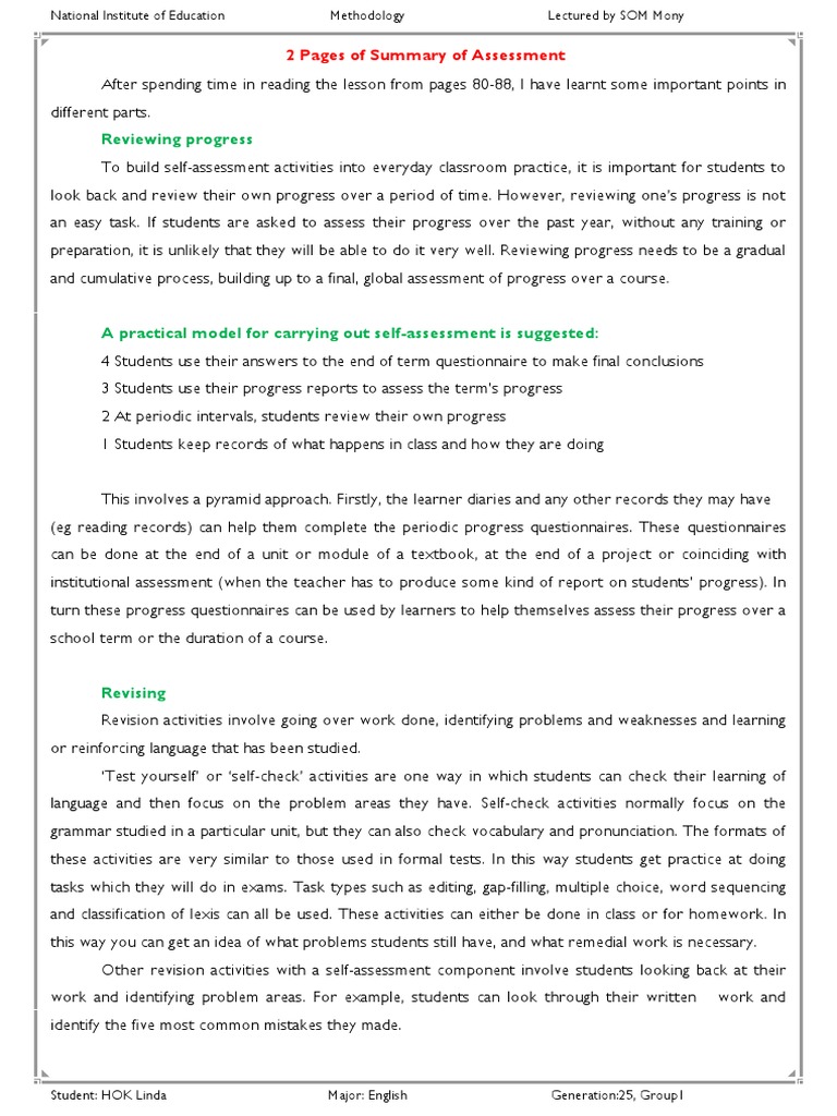 Reviewing Progress: 2 Pages of Summary of Assessment | PDF ...