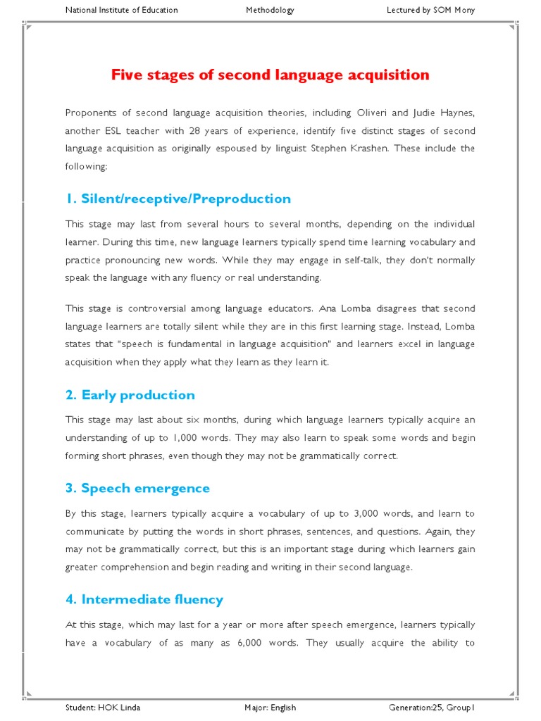 Five Stages of Second Language Acquisition: 1. Silent/receptive ...