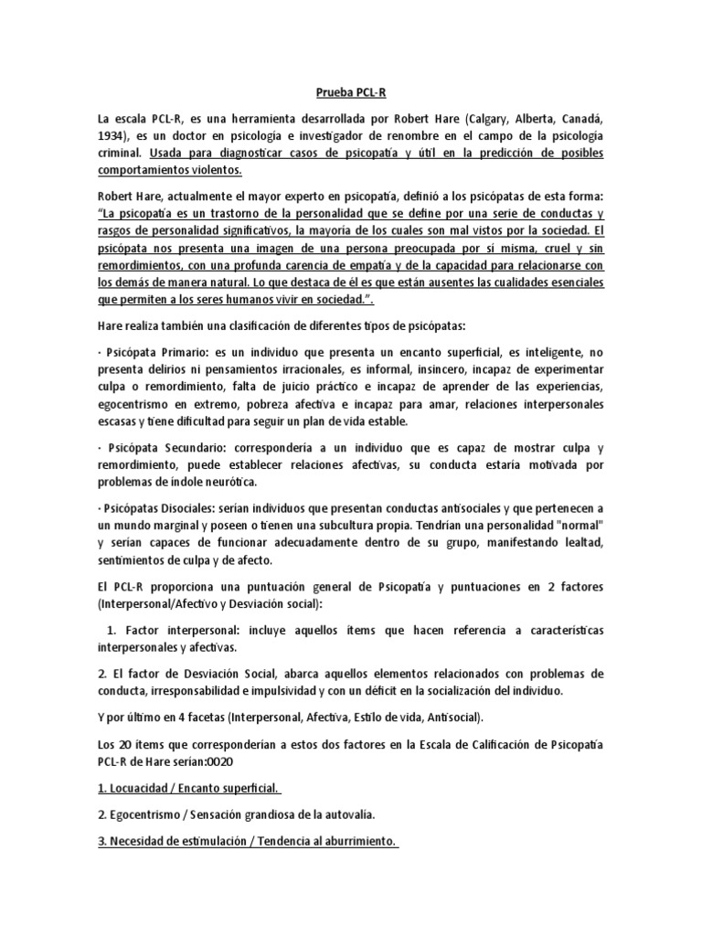 Prueba PCL-R | PDF | Psicopatía | Manual Diagnóstico y Estadístico de ...