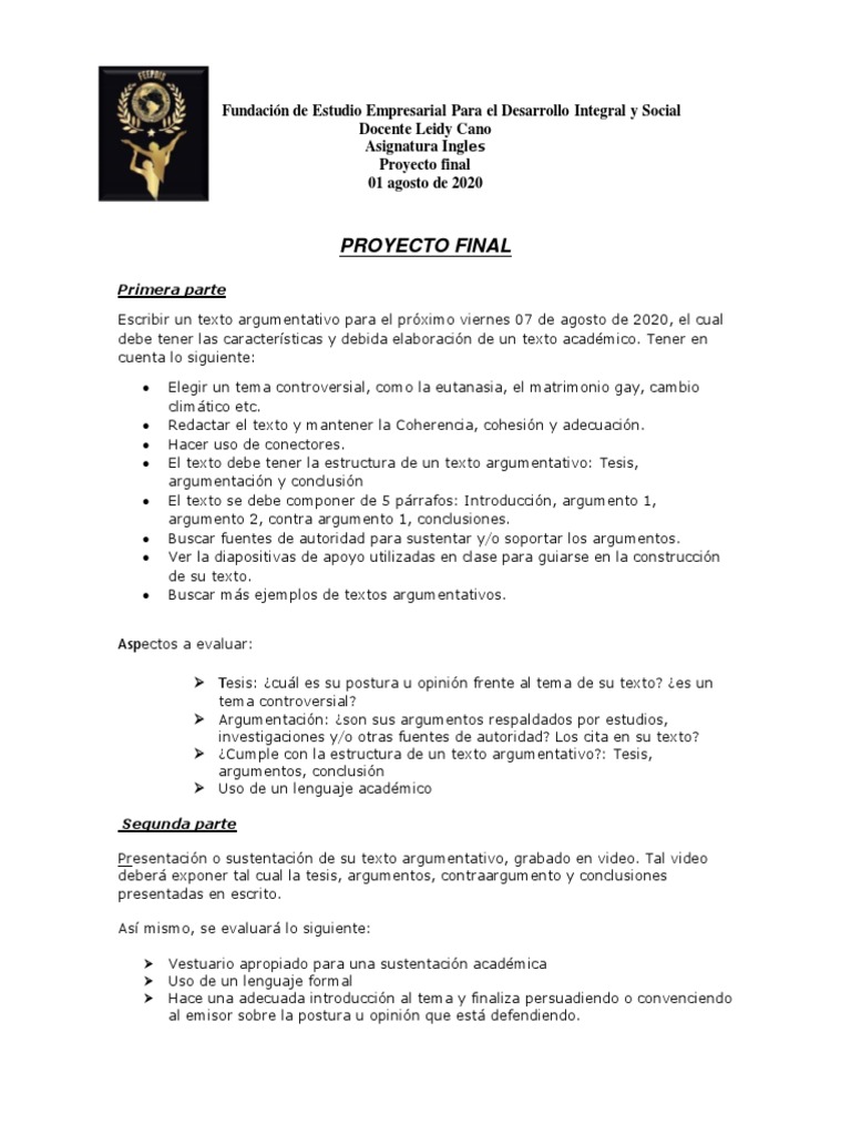 Análisis de un proyecto final sobre la redacción y presentación de un texto argumentativo | PDF ...