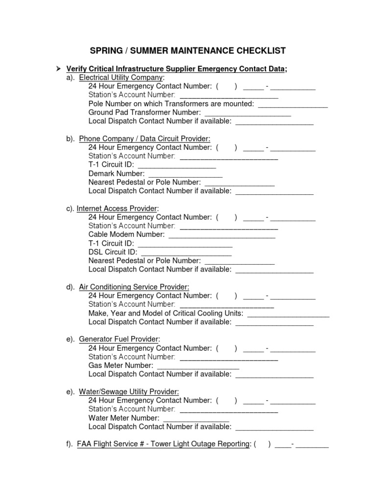 Spring / Summer Maintenance Checklist | PDF | Electronics | Equipment