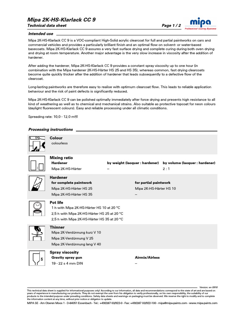 Mipa 2K-HS-Klarlack CC 9: Technical Data Sheet Page 1 / 2 Intended Use | PDF | Paint | Building ...