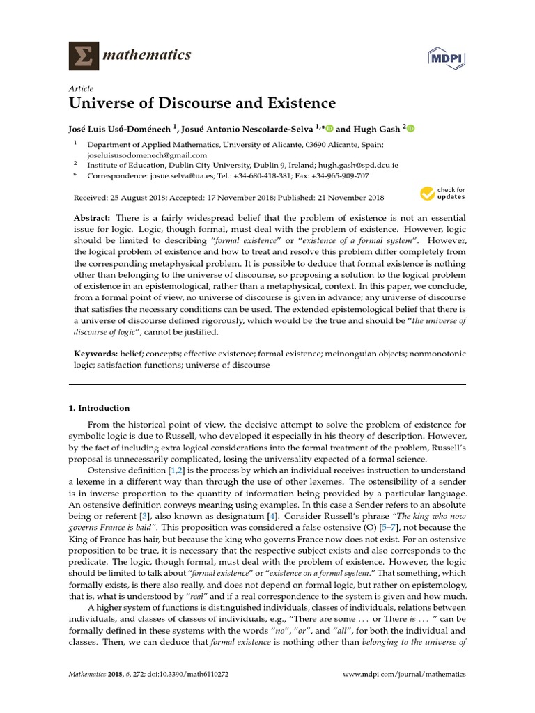 Mathematics: Universe of Discourse and Existence | PDF | Existence ...