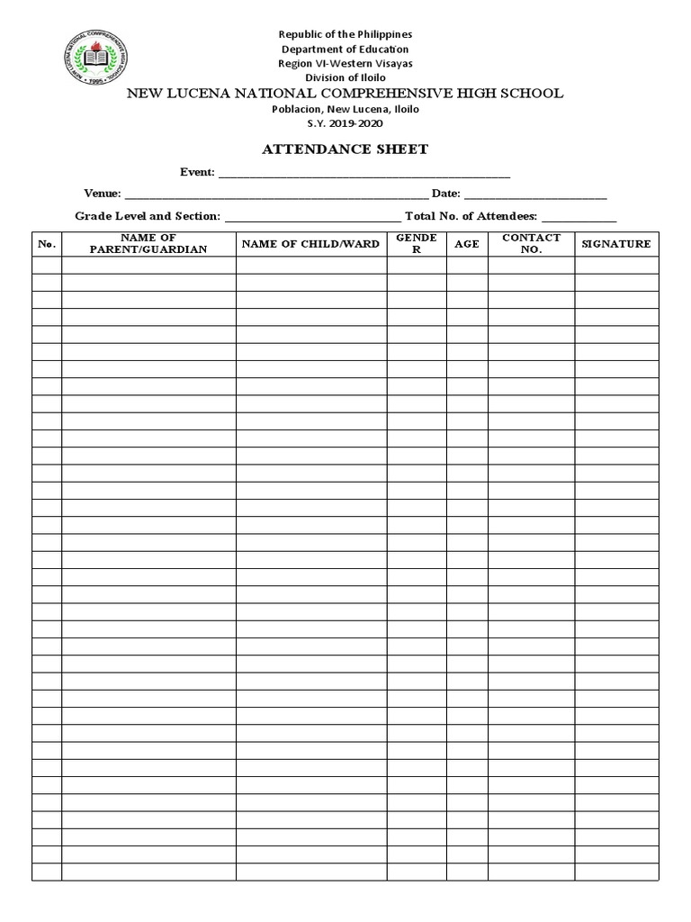 New Lucena National Comprehensive High School: Attendance Sheet | PDF