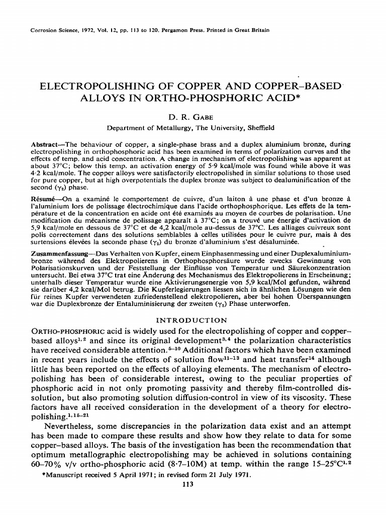 Electropolishing of Copper and Copper-Based Alloys in Ortho-Phosphoric ...
