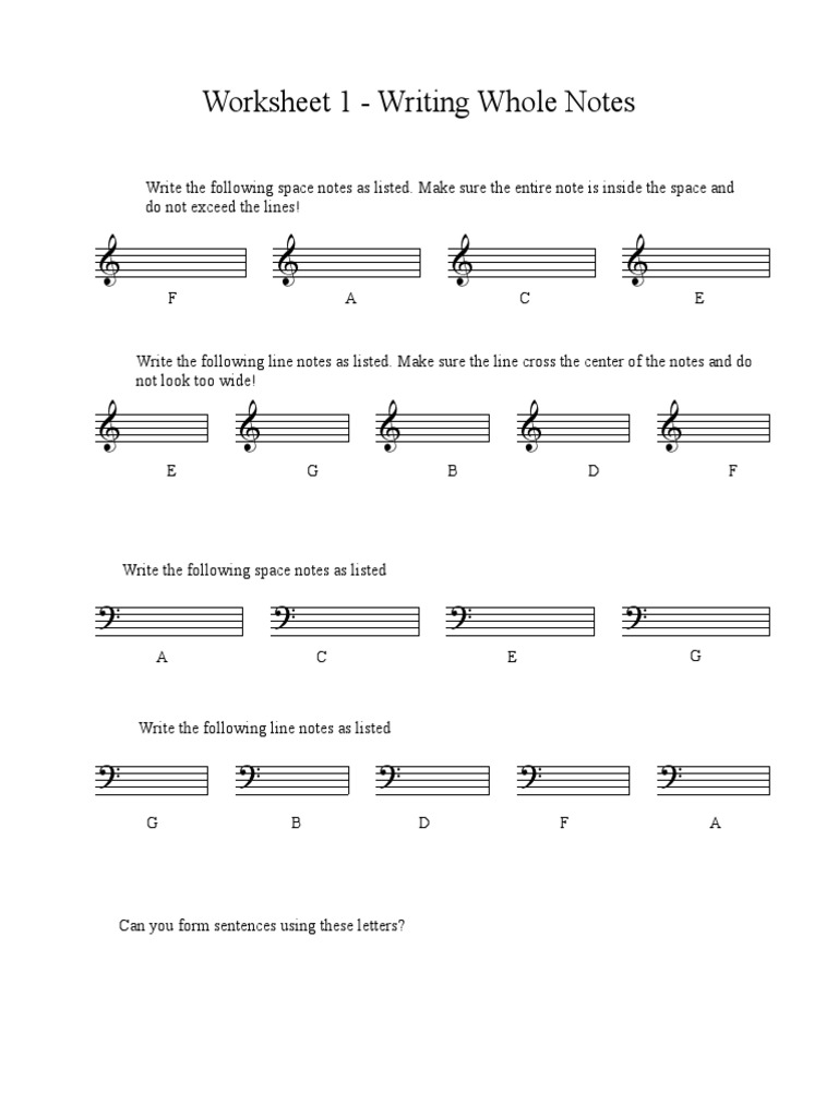 Worksheet 1 Writing Whole Notes | PDF